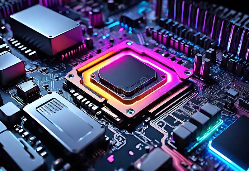 Neon Glowing Motherboard of CPU Stock Illustration - Illustration of ...