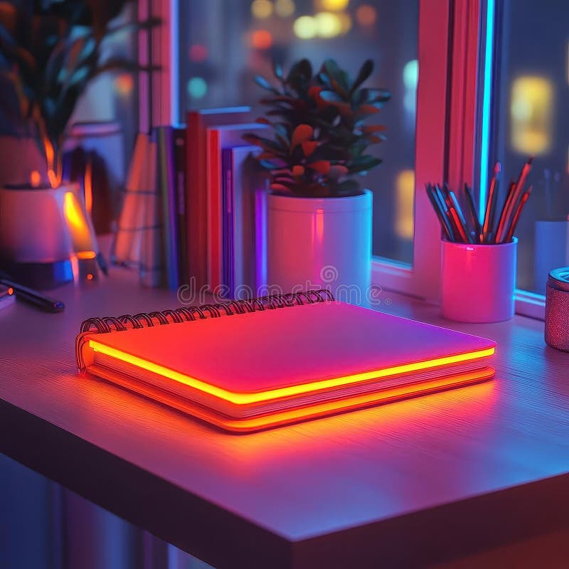 Neon Glowing Notebook on Desk with City Lights in Background Stock ...