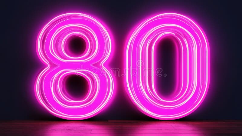 Neon Glowing Number 80 on a Dark Background with Reflection, Eightieth ...