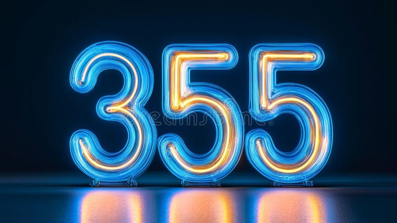 Neon Glowing Number 355 on Dark Background with Reflections on the ...