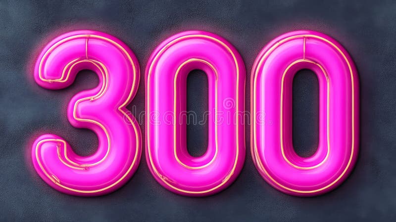 Neon Glowing Number 300 Isolated on a Dark Surface, Pink Light with ...