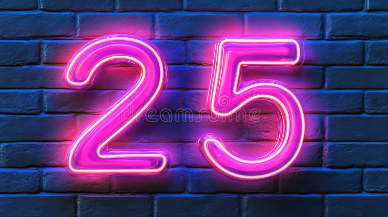 Neon Glowing Number 25 Sign on Dark Brick Wall Background, Eighties ...