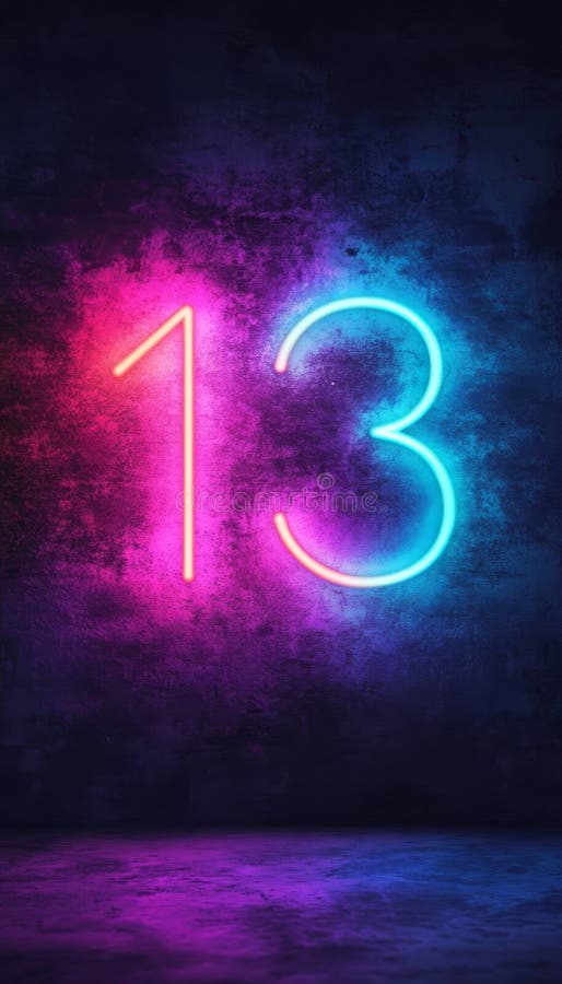 Neon Glowing Number Thirteen, 13, on a Dark Textured Background with ...