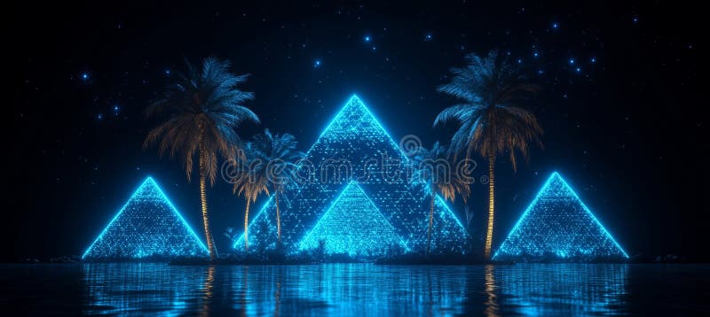 Neon Glowing Outline of Egyptian Pyramids in Digital Network Style on ...