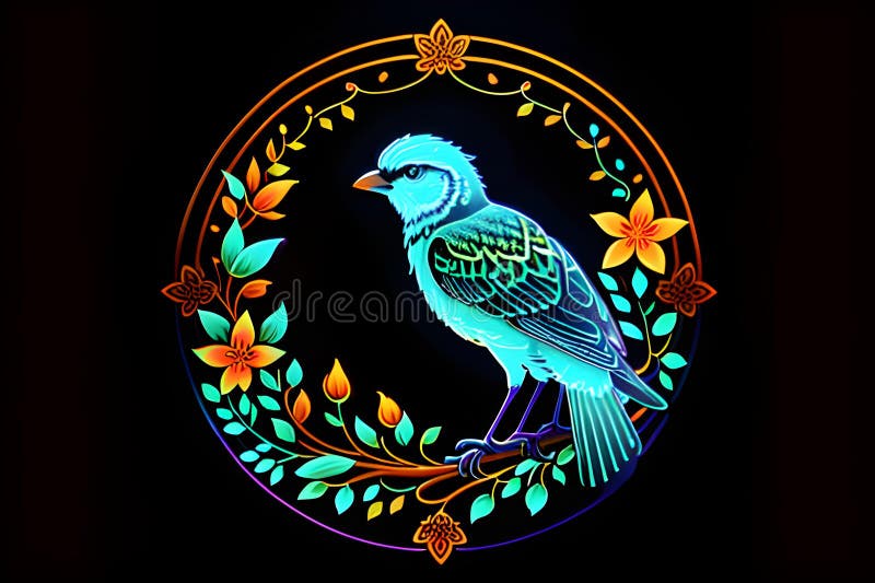 Neon Glowing Outlined Illustration of Bird and Flowers Stock ...