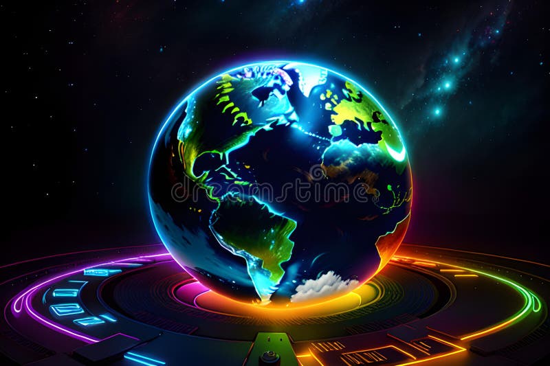 Neon Glowing Outlined Abstract Illustration of Earth Stock Illustration ...