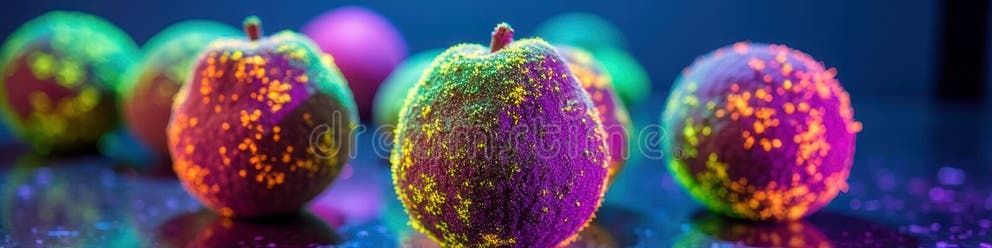 Neon-glowing Peaches with Fluorescent Dots on Reflective Surface Stock ...