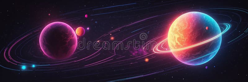 Neon-glowing Planetary System with Orbiting Data Streams Stock ...