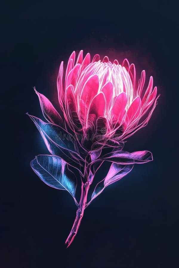 Neon-Glowing Protea Flower with Futuristic Lighting on Dark Background ...