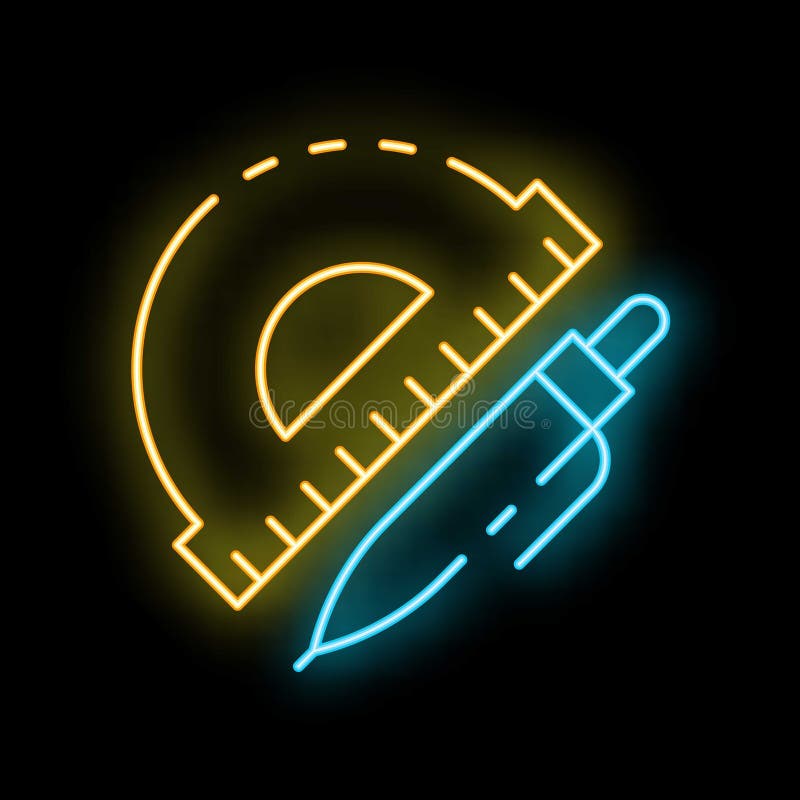 Neon Glowing Protractor and Technical Pen on Black Background Stock ...