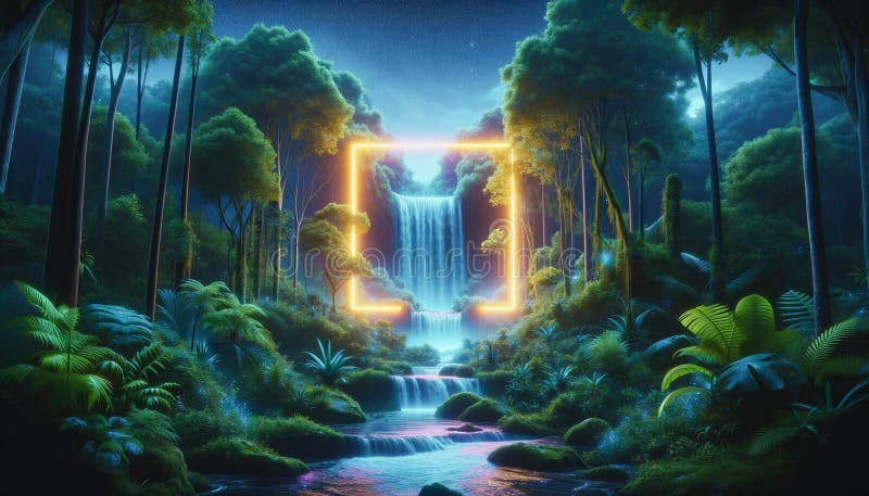 Neon Glowing Rectangle Frame Light Placed in the Midst of a Tropical ...