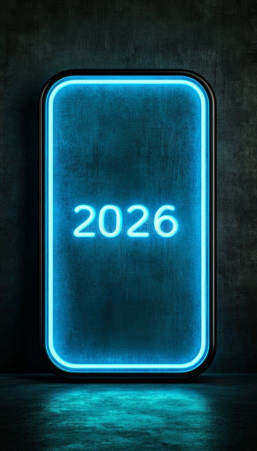 Neon Glowing Rectangular Frame with Number 2026 on a Dark Background ...