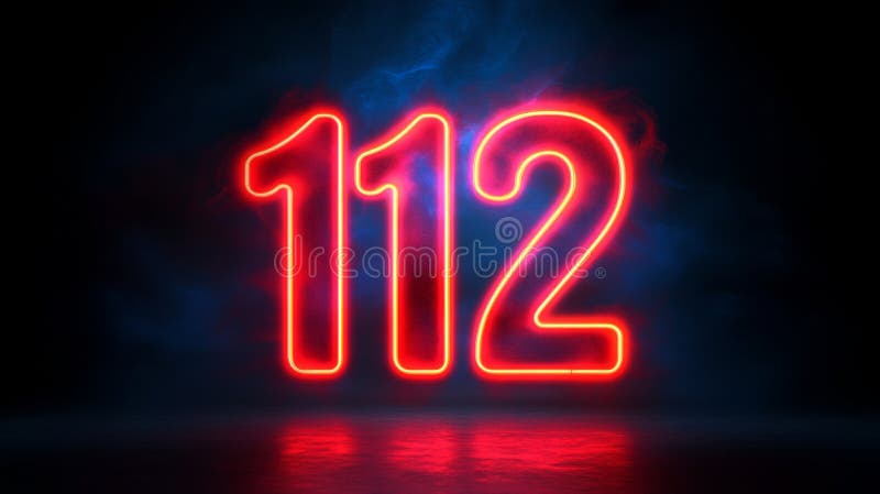 Neon Glowing Red Number 112,Emergency Number, on Dark Background with ...