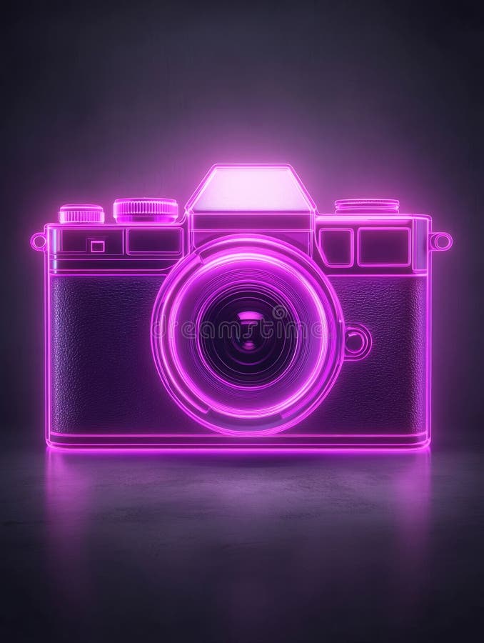 Neon Glowing Retro Camera on Dark Background. Stock Illustration ...
