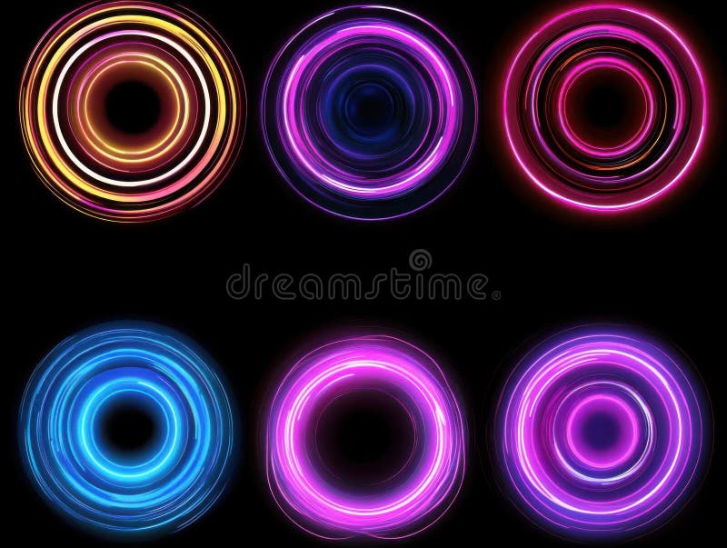 Neon Glowing Rings, Abstract Circular Light Effects Stock Illustration ...
