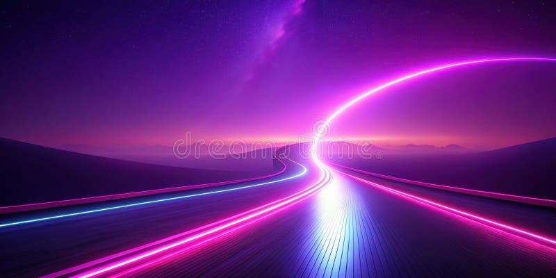 Neon Glowing Road Leading To a Bright Horizon Under a Starry Night Sky ...