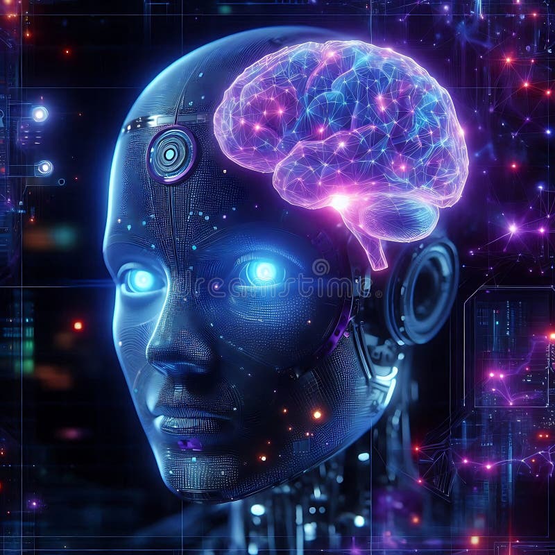 Neon Glowing Robot Face with Neural Network Patterns Stock Illustration ...