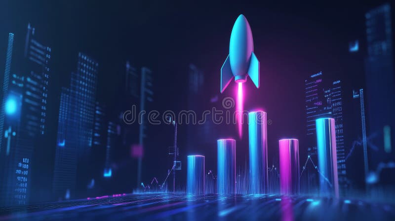 Rocket Launching from Futuristic City Towers with Neon Glow Stock Image ...