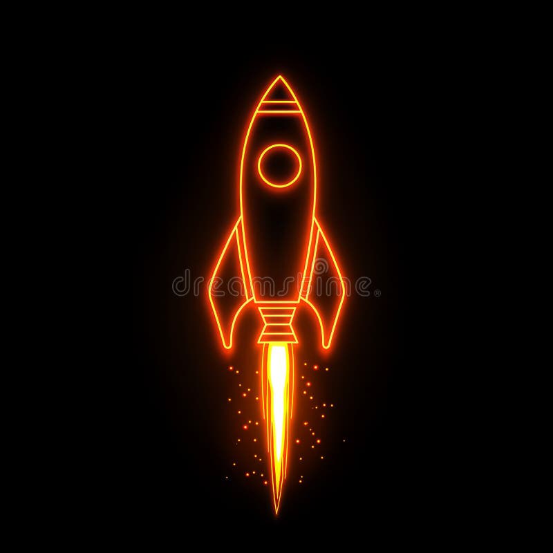 Neon Glowing Rocket Launch with Orange Flames on Black Background ...