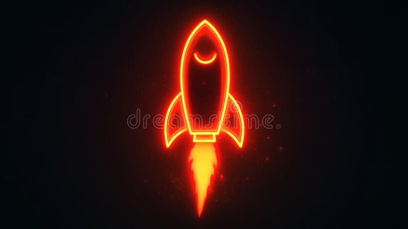 Neon Glowing Rocket Launch Symbol on Dark Background. Stock Image ...