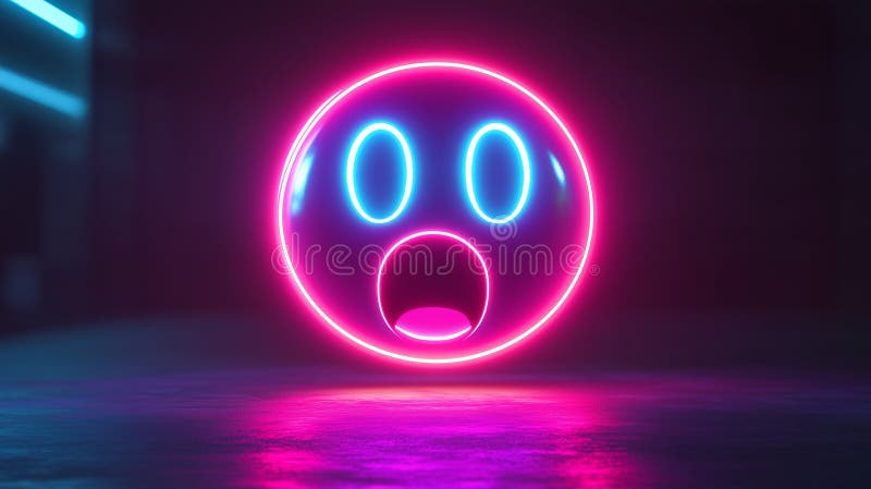 Neon Glowing Shocked Face Emoticon with Bright Blue and Pink Light in a ...