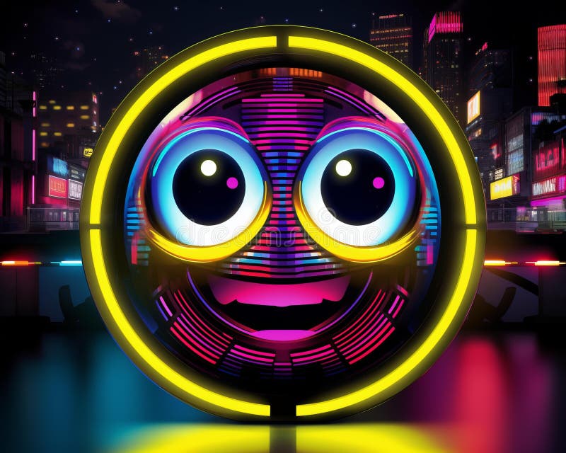 A Neon Glowing Smiley Face in the Middle of a City Stock Illustration ...