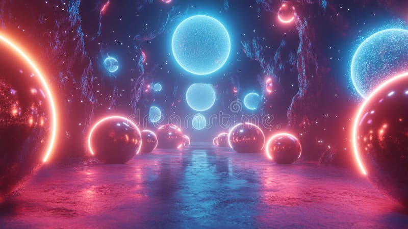 Neon Glowing Spheres Illuminate Cosmic Pathway Stock Illustration ...