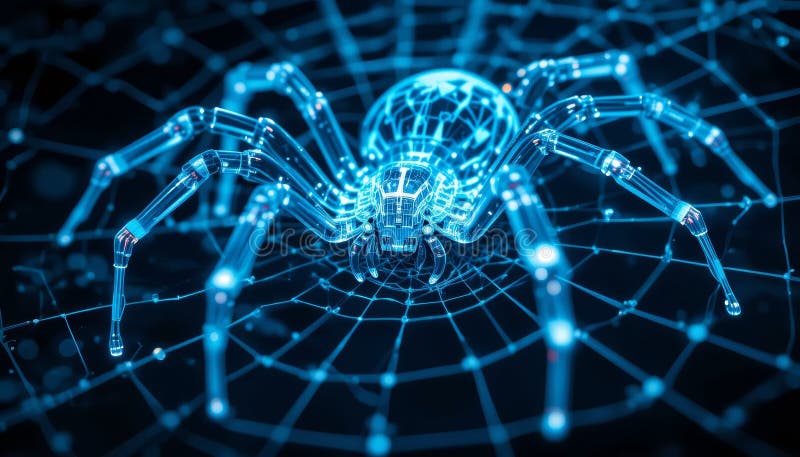 Neon Glowing Spider on a Futuristic Digital Web Stock Illustration ...