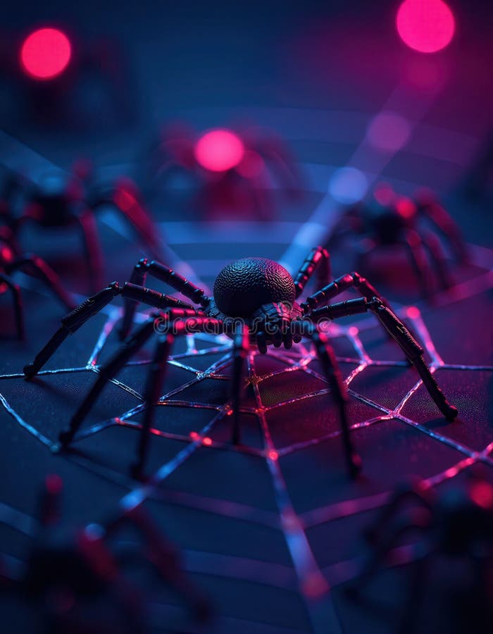 Neon Glowing Spiders on Web with Striking Blue and Pink Lighting Stock ...