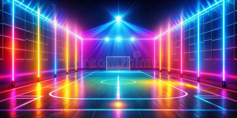 Neon Glowing Sports Court with Spotlight Stock Illustration ...