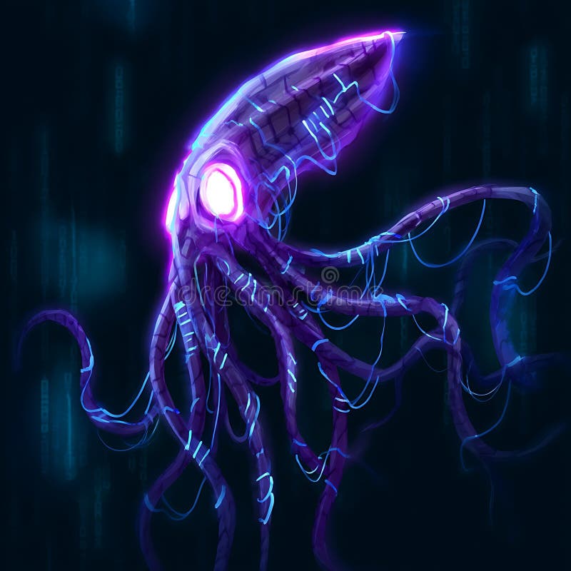 Neon Glowing Squid-like Creature with Vibrant Purple and Blue Hues. Its ...