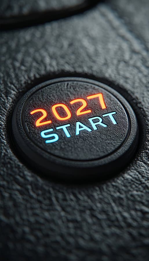 Neon Glowing 2027 Start Button Embedded in Textured Black Leather ...