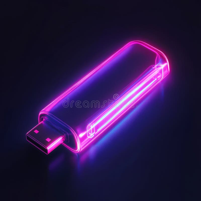 Neon Glowing USB Flash Drive on a Dark Background. Stock Image - Image ...