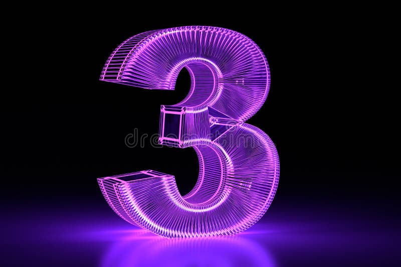 Neon Glowing Volumetric 3D Number Three. Purple. Digital Design Stock ...