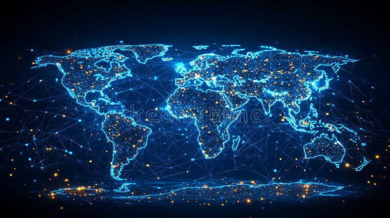 Neon Glowing World Map with Connected Lines Stock Illustration ...