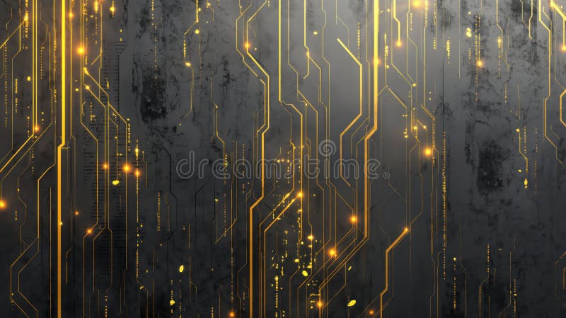 Neon Golden Circuit Board Chip Lines on Grunge Wall. Generative AI ...