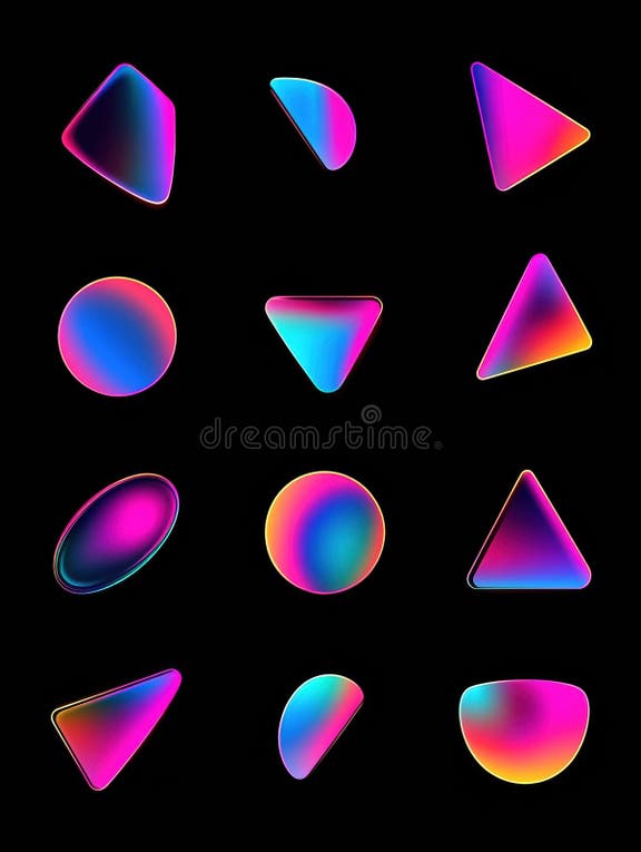 Neon Gradient Sticker Shapes on a Deep Black Background with Glossy ...