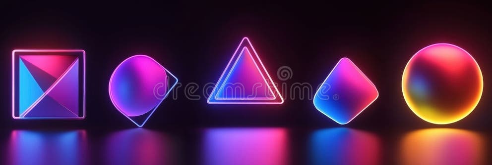 Neon Gradient Sticker Shapes with Glossy Reflections on a Deep Black ...