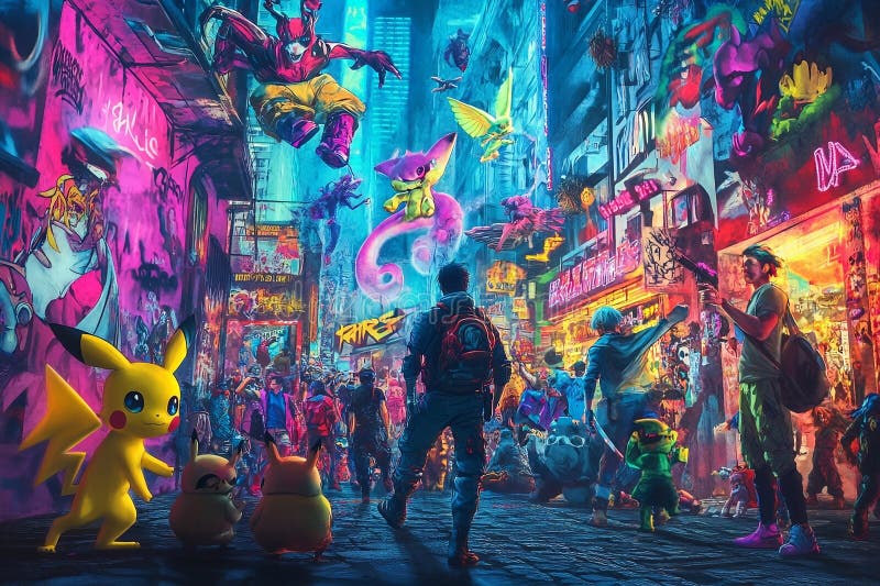 Neon and Graffiti-filled Urban Scene with Iconic Pop Characters. Stock ...