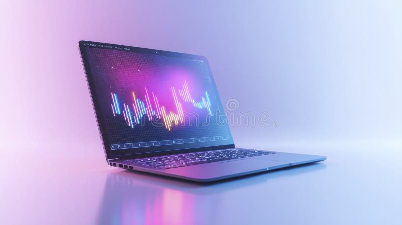 Neon Graph Displayed on a Silver Laptop on Purple Background Stock ...