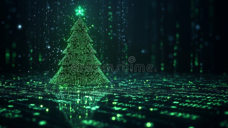 Neon Green Binary Code Christmas Tree Glowing in a Dark Digital Setting for the Holidays Stock ...
