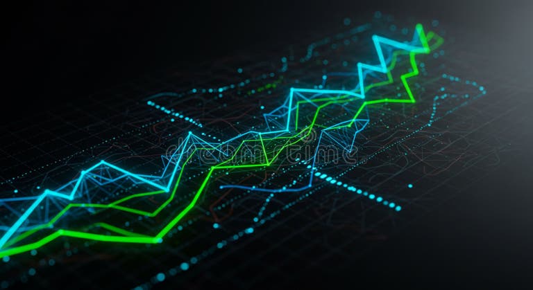 Neon Green and Blue Lines Form Sharp, Angular Graphs on a Dark Grid ...