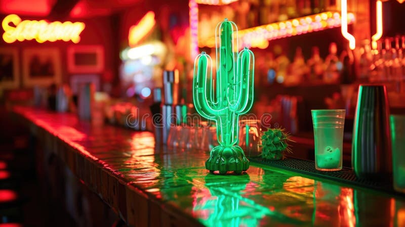 A Neon Green Cactus Sits on the Bar Serving As a Unique Centerpiece for ...