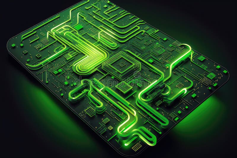 Neon Green Circuit Board with Geometric Patterns Stock Illustration ...