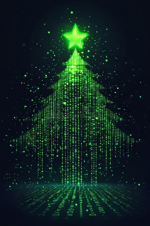 The Neon Green Digital Code Shapes the Silhouette of a Christmas Tree ...