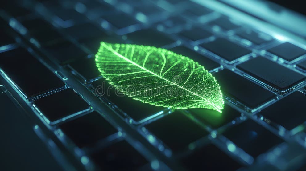 Neon Green Digital Leaf on Keyboard Symbolizing Eco-friendly Technology ...