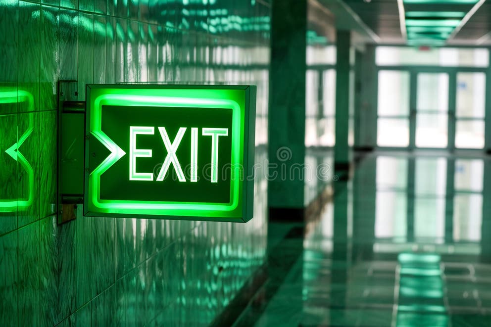 Neon Green Exit Sign Lighting the Hallway, Marking the Path for a Safe ...