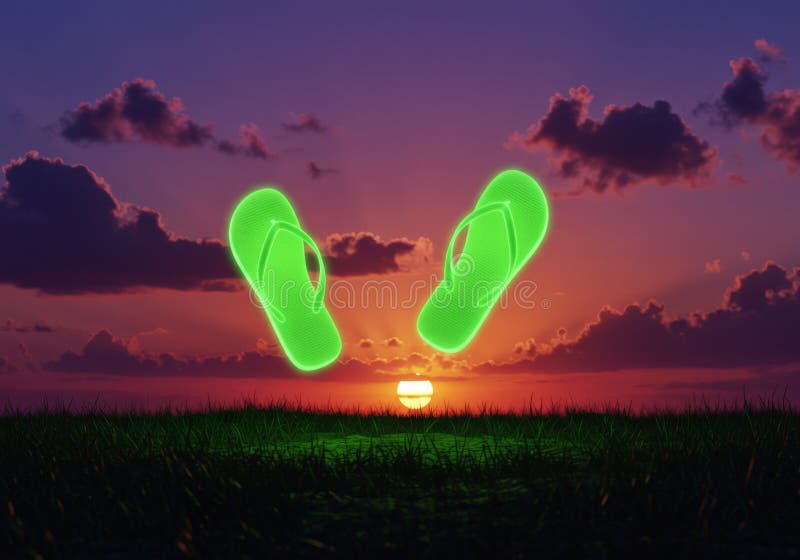 Neon Green Flip Flops at Sunset Over Grassy Field Stock Illustration ...
