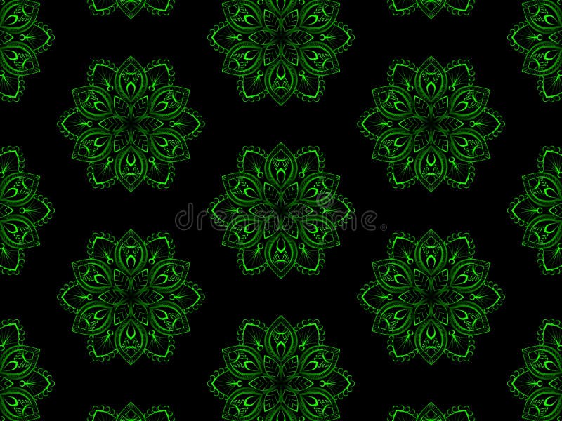 Neon Green Flower Arabesque Black Background Pattern Stock Illustration ...