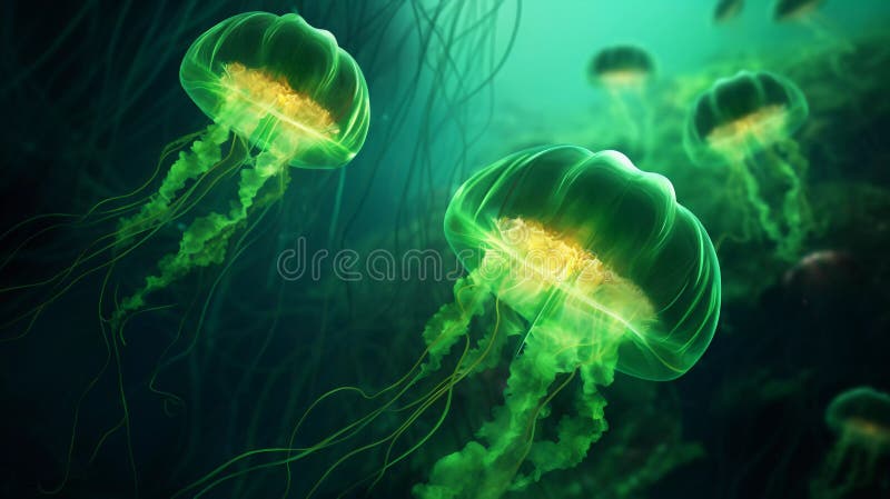 Neon Green Jellyfish Deep in the Sea Stock Illustration - Illustration ...